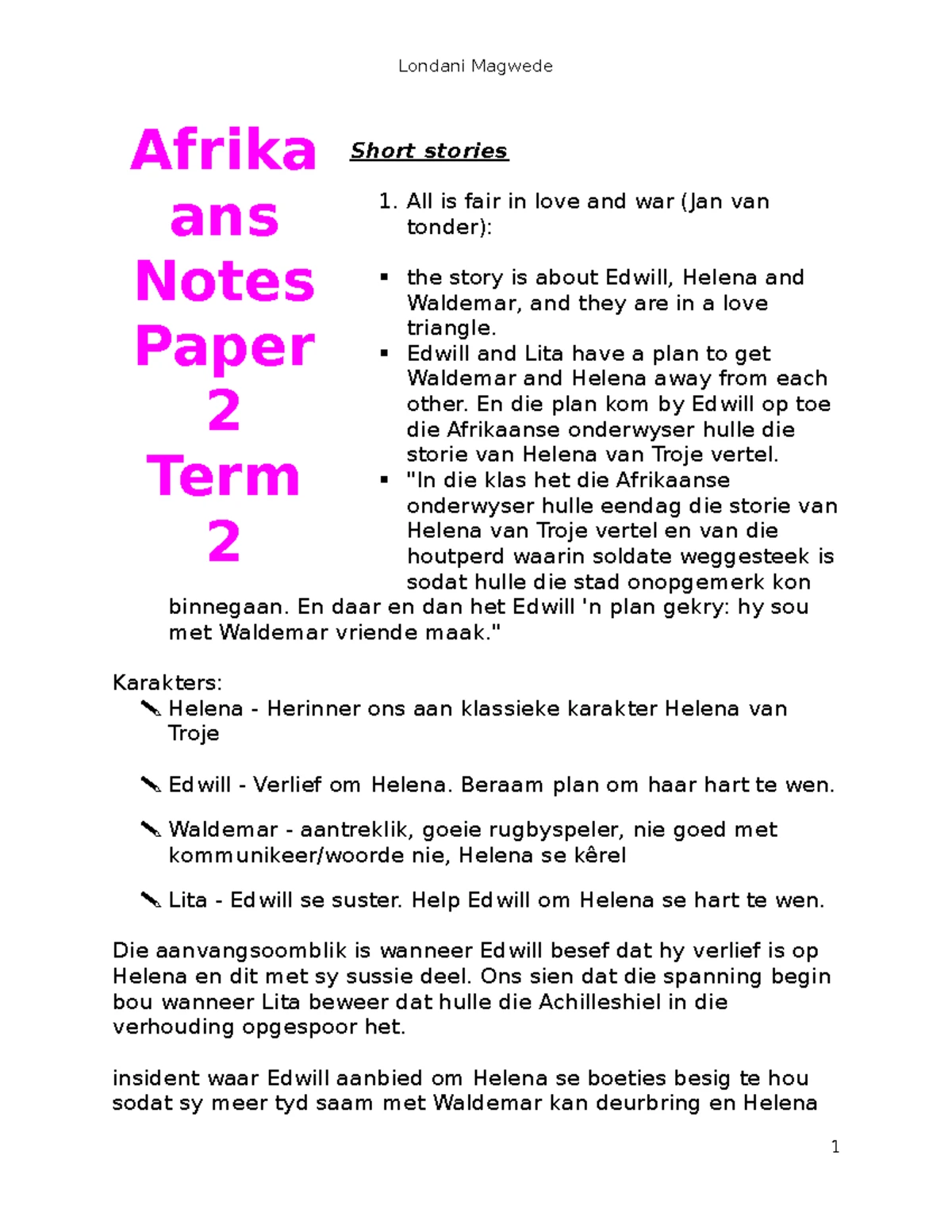 Afrikaans Notes: Paper 2 Term 4 - Short Stories & Poems Analysis - Studocu