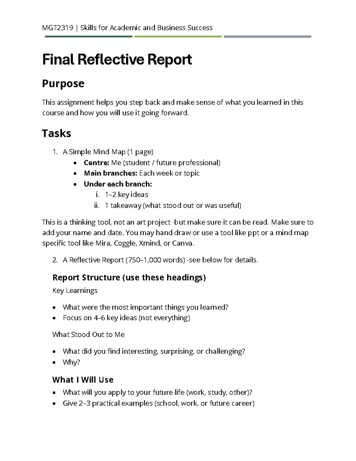 MGT2319 Final Reflective Report on Academic & Business Skills - Studocu