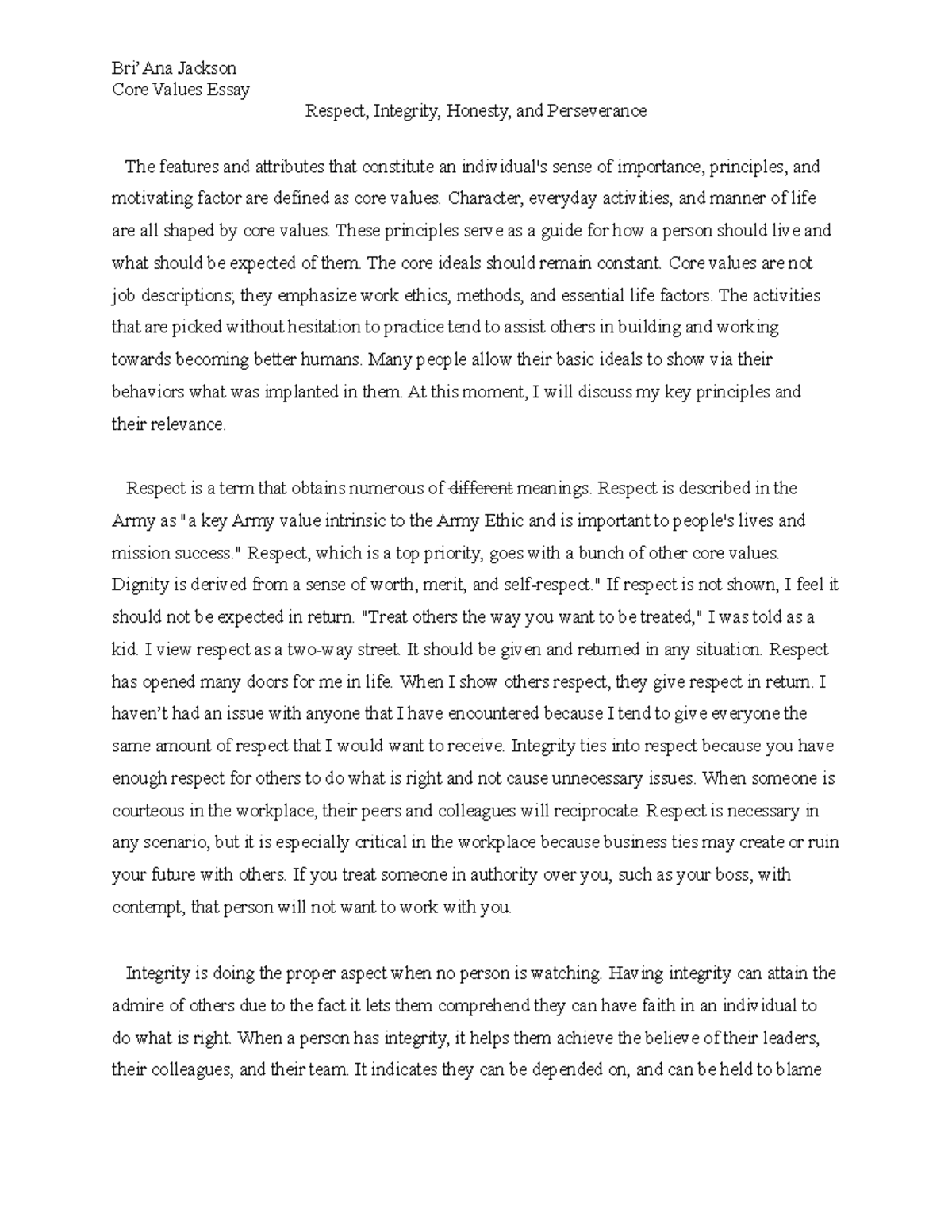 Core Values Essay: Exploring Respect, Integrity, Honesty ...