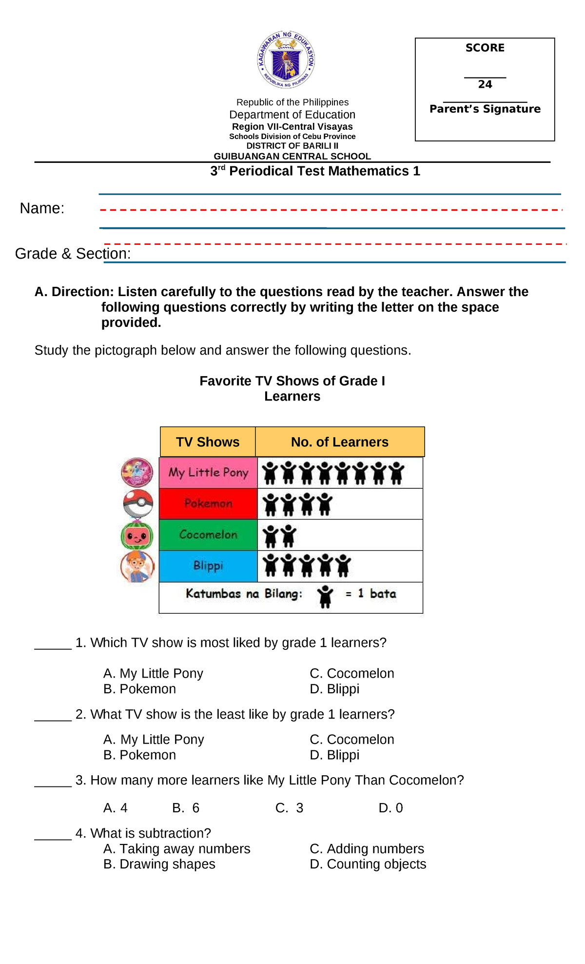 Math 3rd Quarter Periodical Test - Grade 1 - Studocu