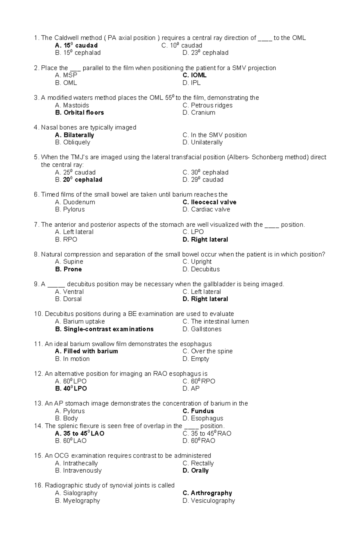 CD Posi 2 - RAD PRO: Caldwell Method & Imaging Techniques Quiz - Studocu