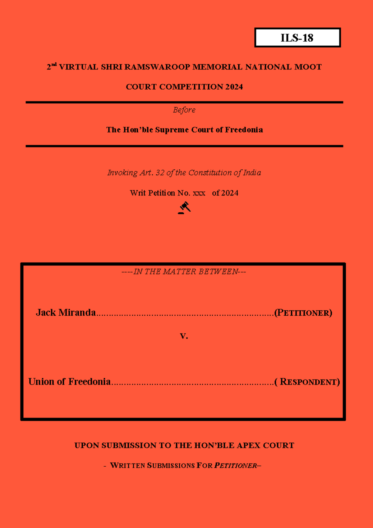 MOOT MEMORIAL FOR SAMPLE -IN THE MATTER BETWEEN- Jack - Studocu
