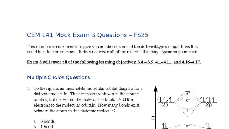 CEM 141 Mock Exam 3 Practice Questions FS25 - Studocu