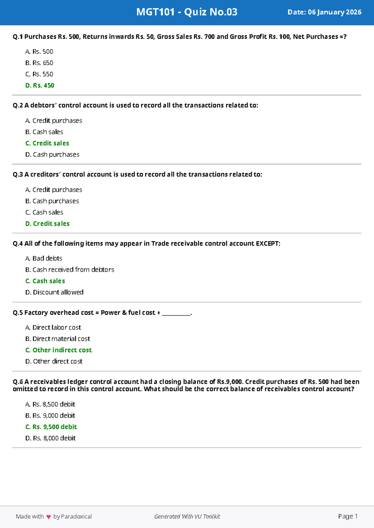 MGT101 Quiz No.03 - Financial Transactions & Control Accounts - Studocu
