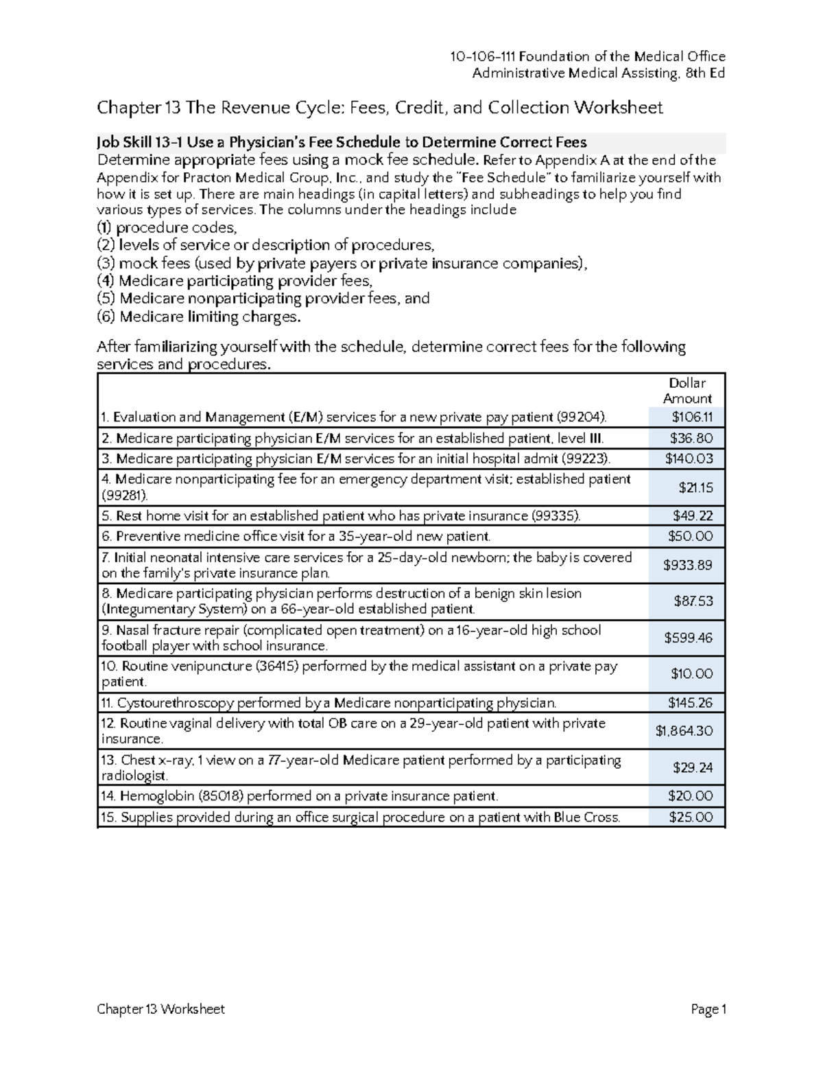 Chapter 13 Worksheet: Revenue Cycle Fees and Collection (Admin Med ...