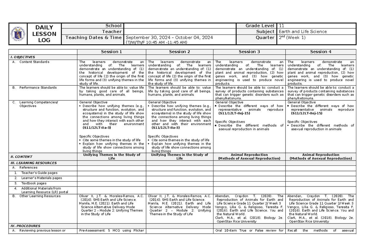 24-25 DLL - ELS 11 - Q2 WEEK 1 - DAILY LESSON LOG School Grade Level 11 ...
