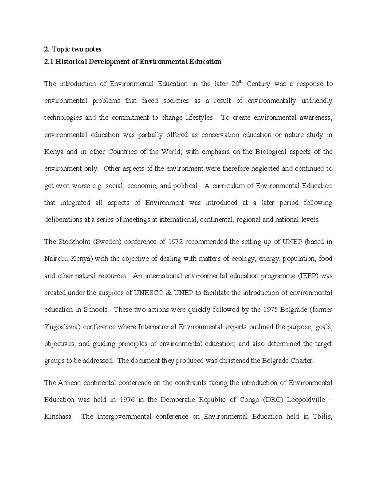 ENV 101: Historical Development of Environmental Education Notes - Studocu