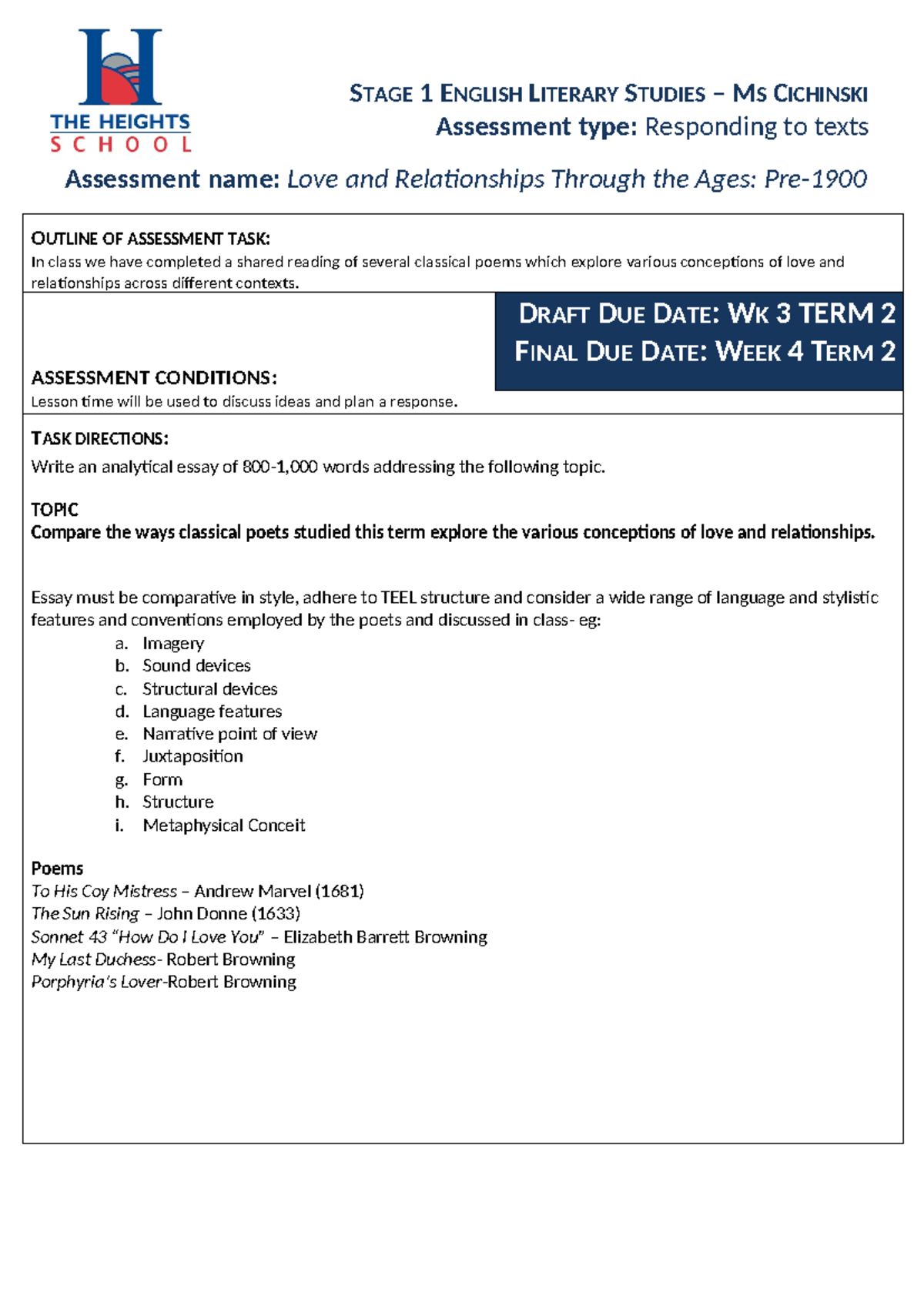 Yr 11 English Literary Studies: Love & Relationships Essay Outline ...