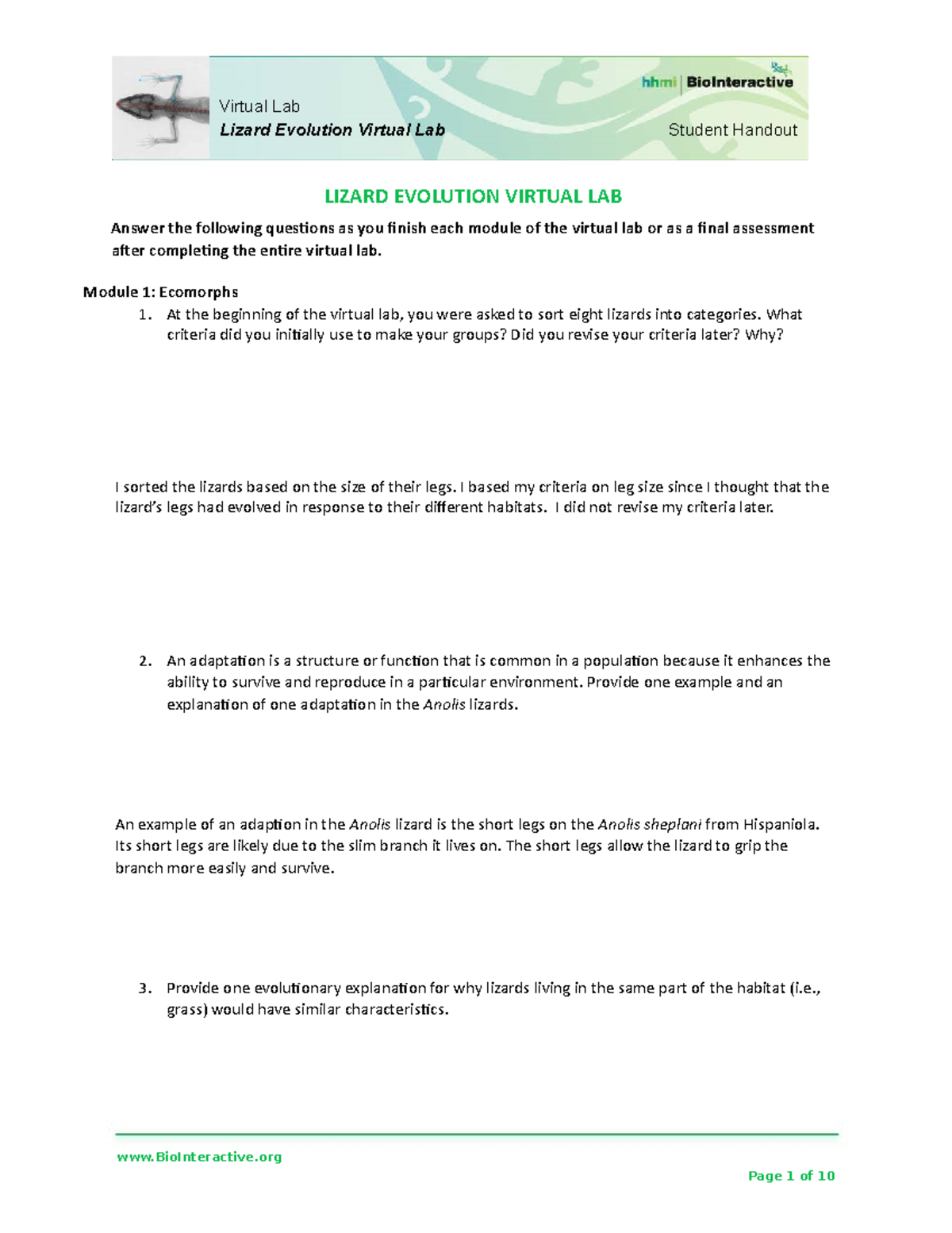 Lizard Evolution Virtual Lab Worksheet: Key Insights & Findings - Studocu