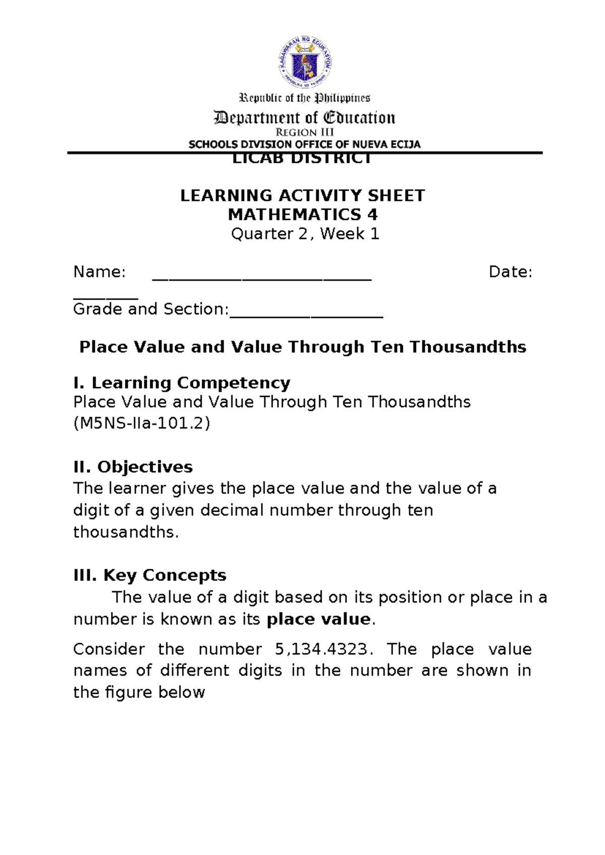 Mathematics 4 Q2 Week 1 Learning Activity: Place Value & Value - Studocu