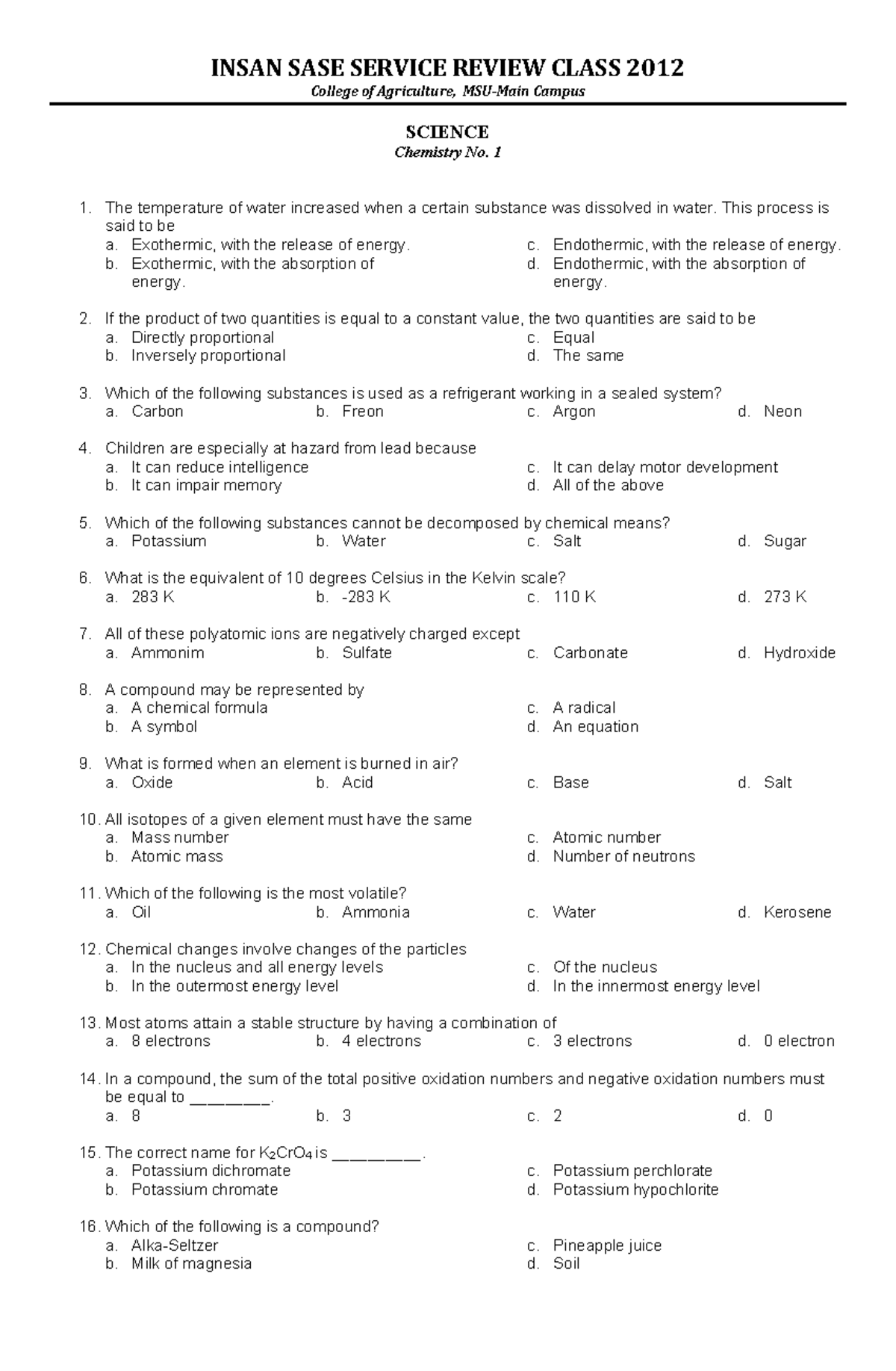 Chemistry-1 - Review Guide for 2012 Science Class - Studocu