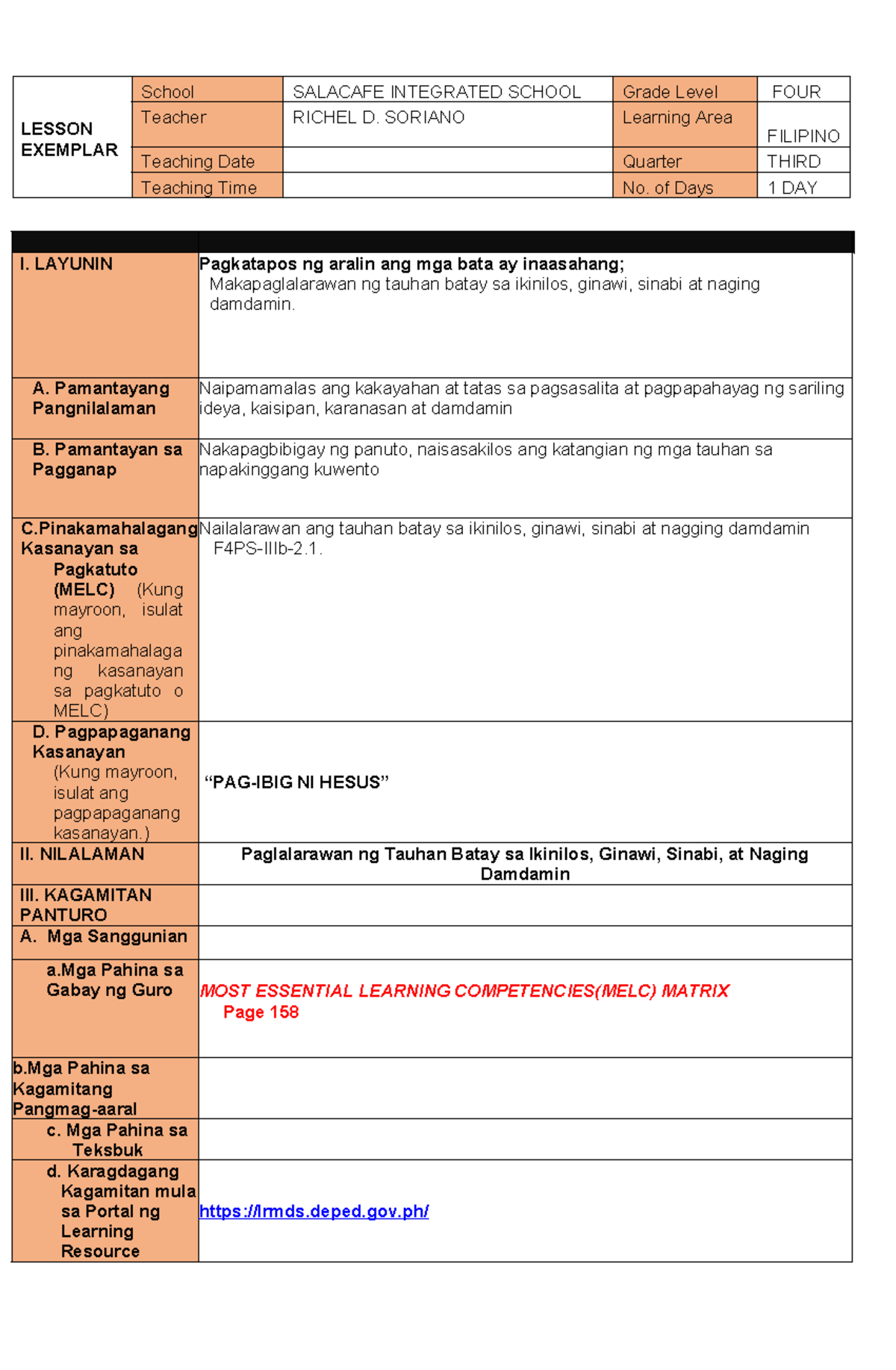 Filipino 4 Q3 Lesson Plan on Character Description and Focus - Studocu