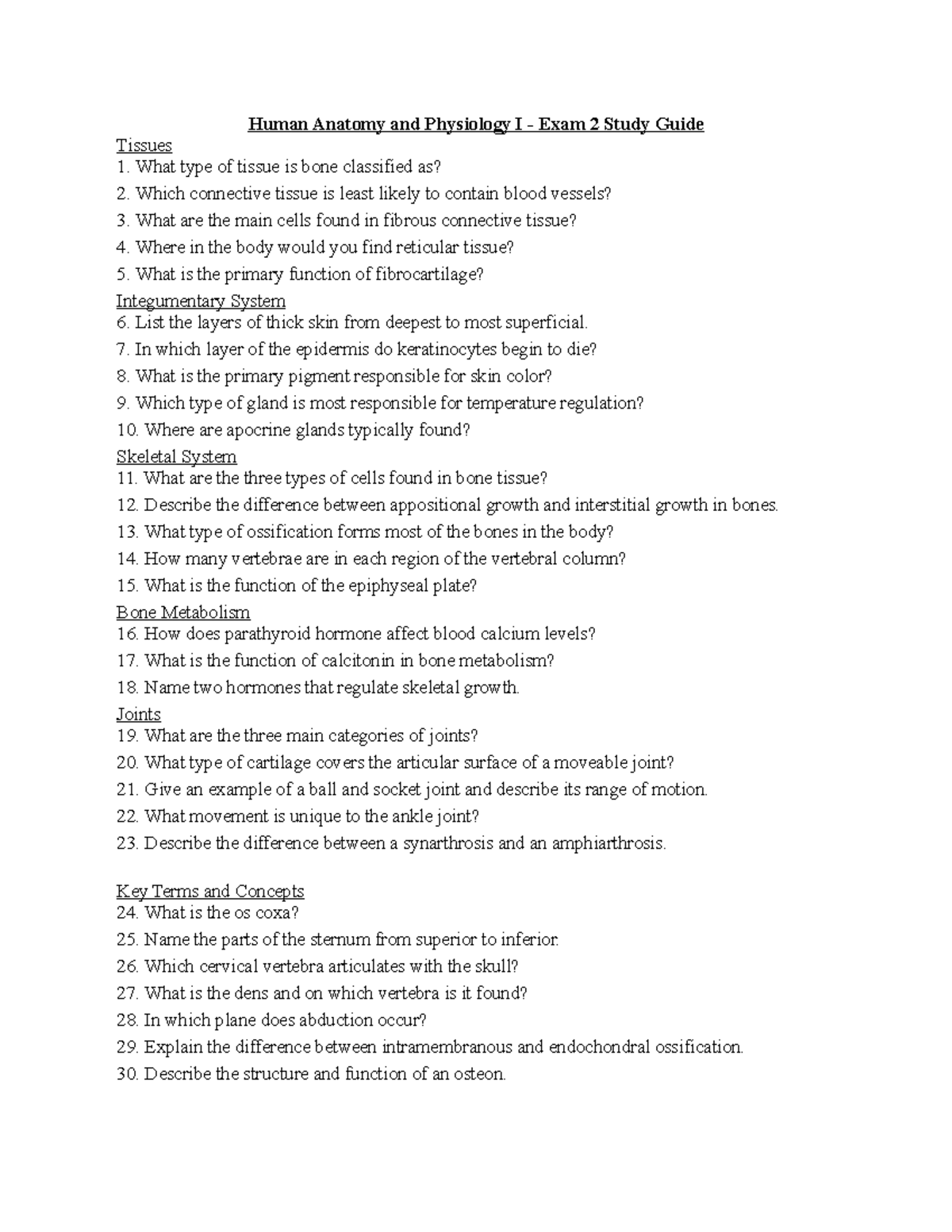 Human Anatomy and Physiology I - Exam 2 Study Guide Essentials - Studocu
