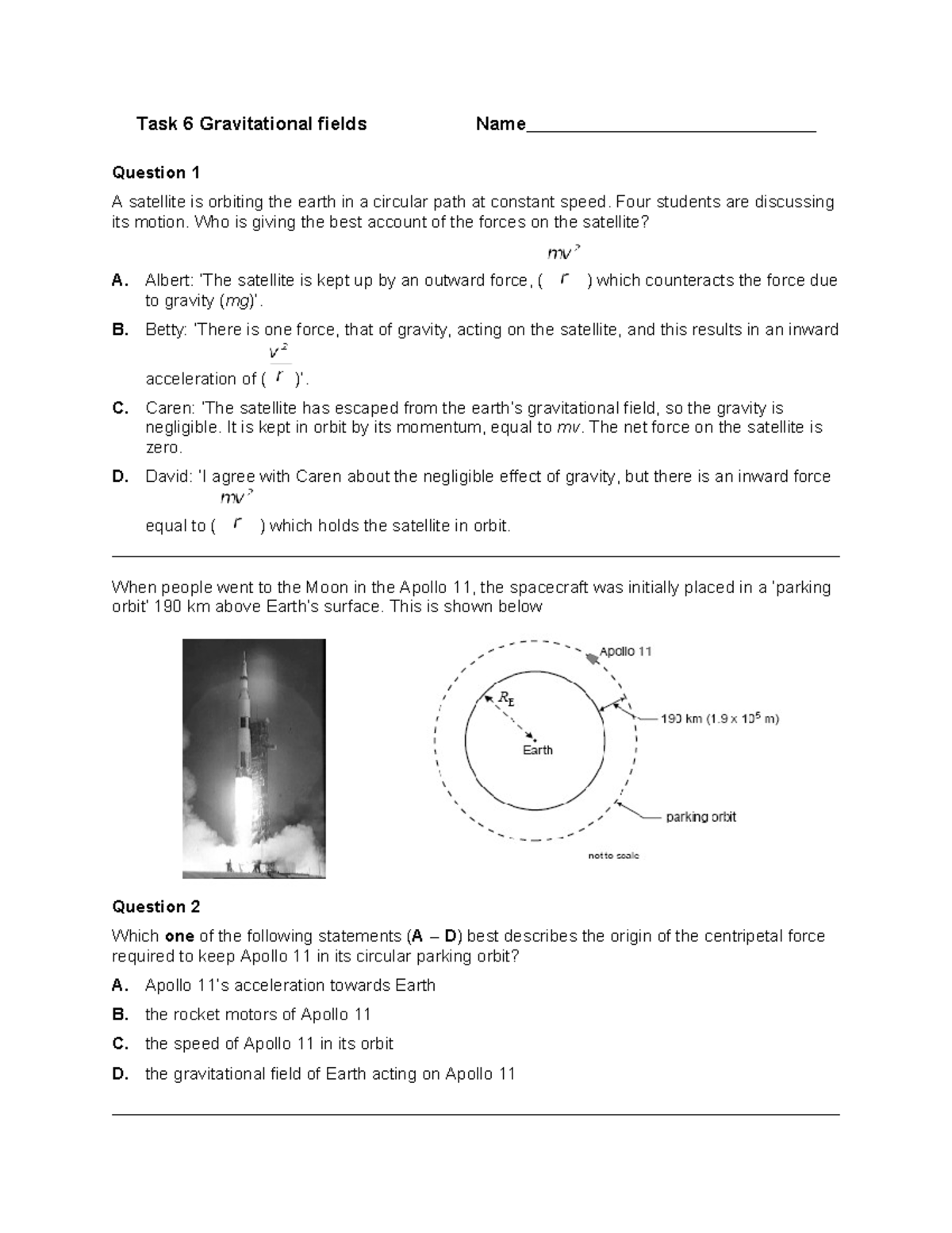 PFAT 6 Gravitational Fields Topic Test: Questions & Solutions - Studocu