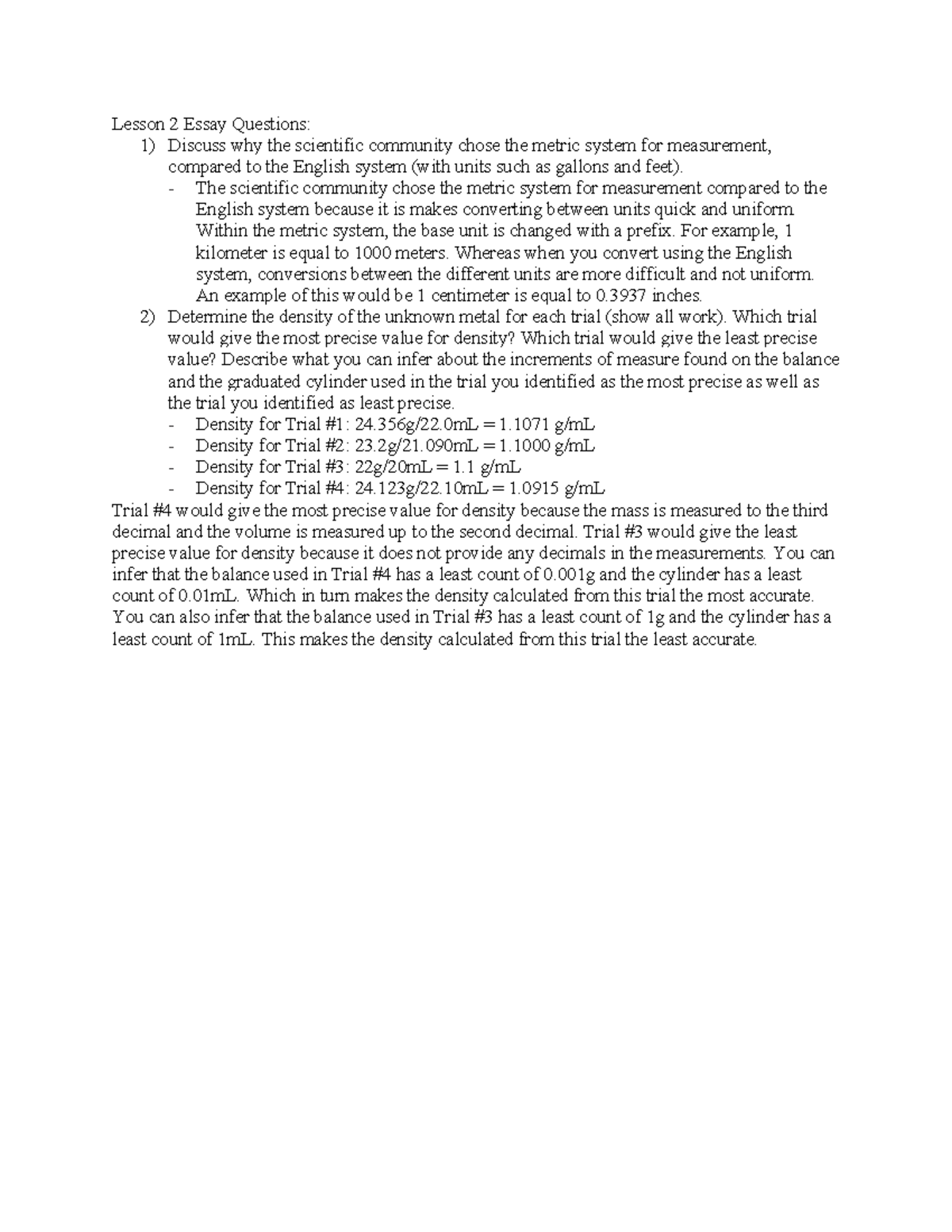 Lesson 2: Essay Questions on Metric System & Density Analysis - Studocu