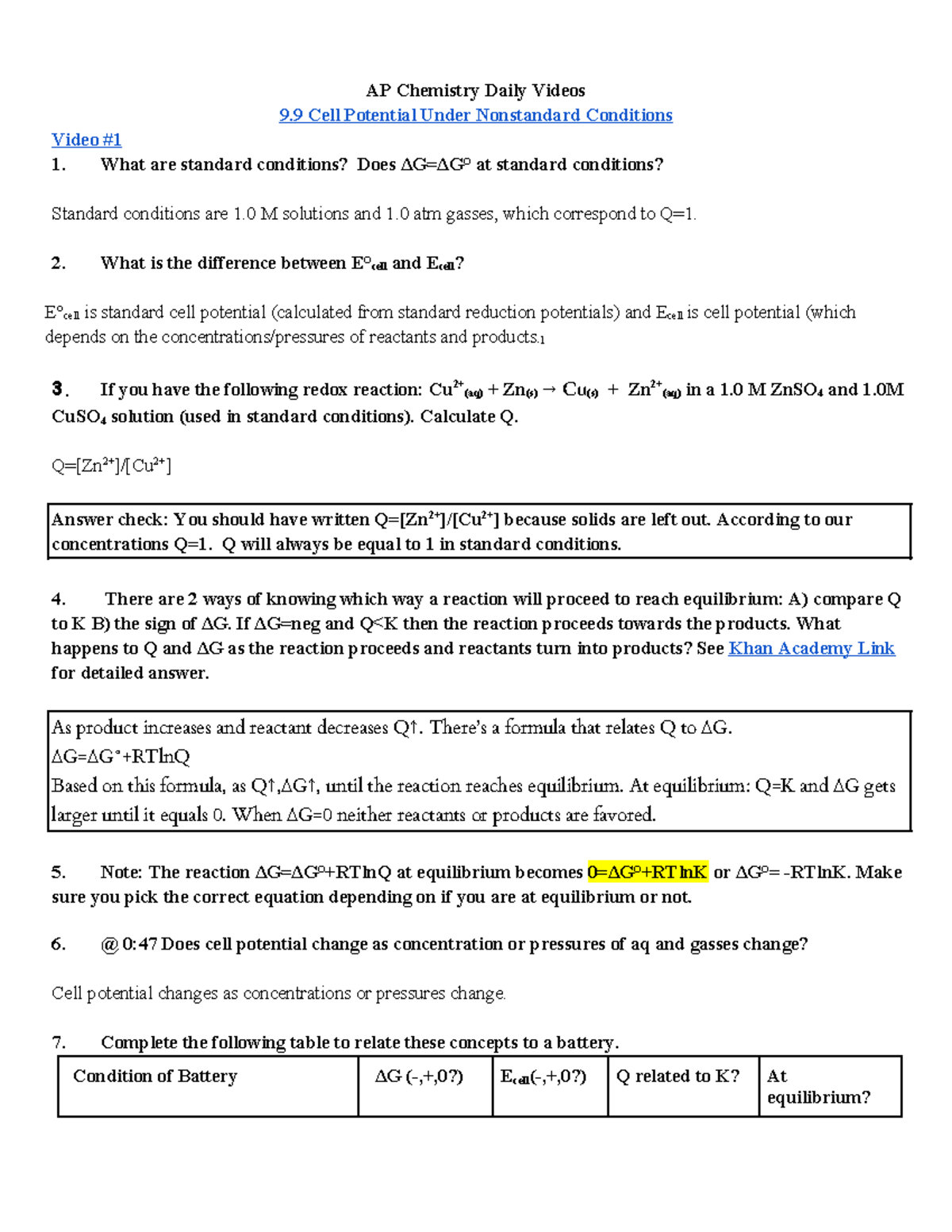 AP Chemistry 9.9: Cell Potential Under Nonstandard Conditions Explained ...
