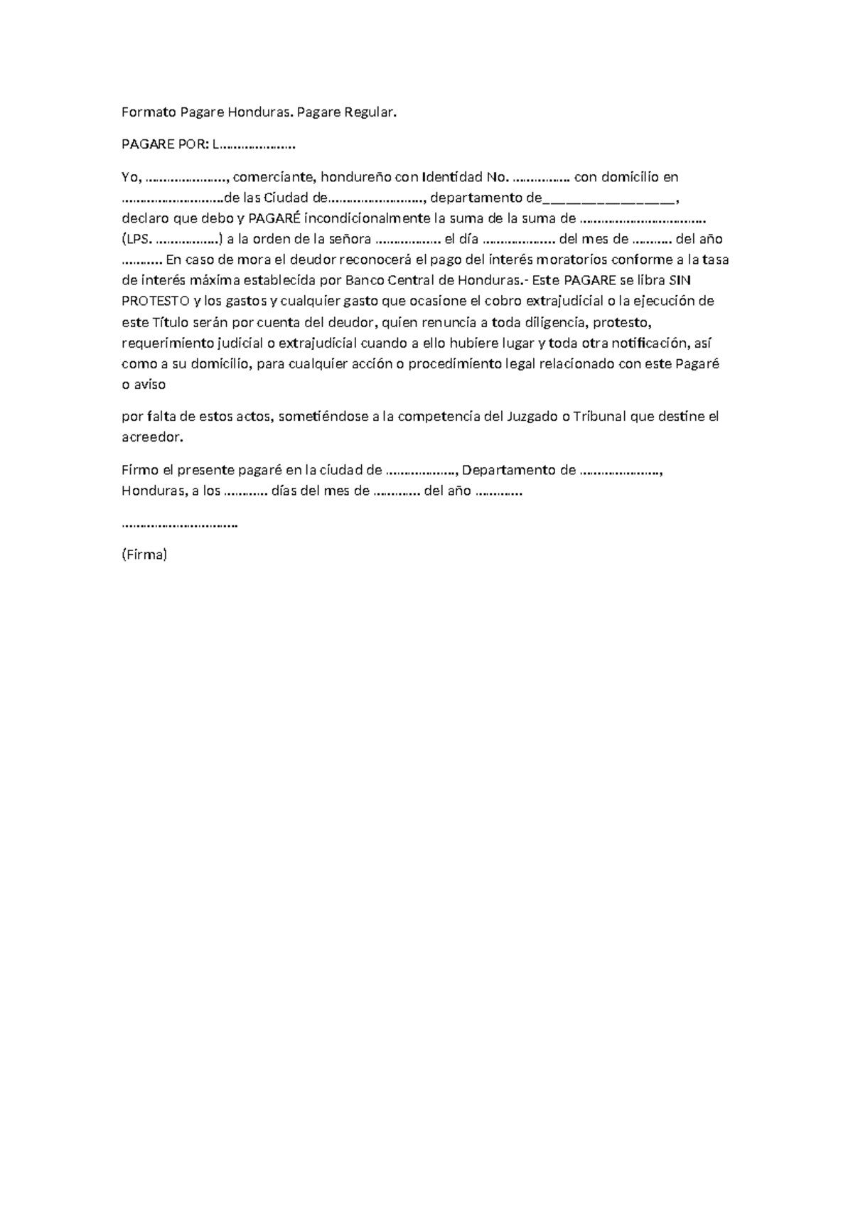 Formato de Pagaré Regular en Honduras - Studocu