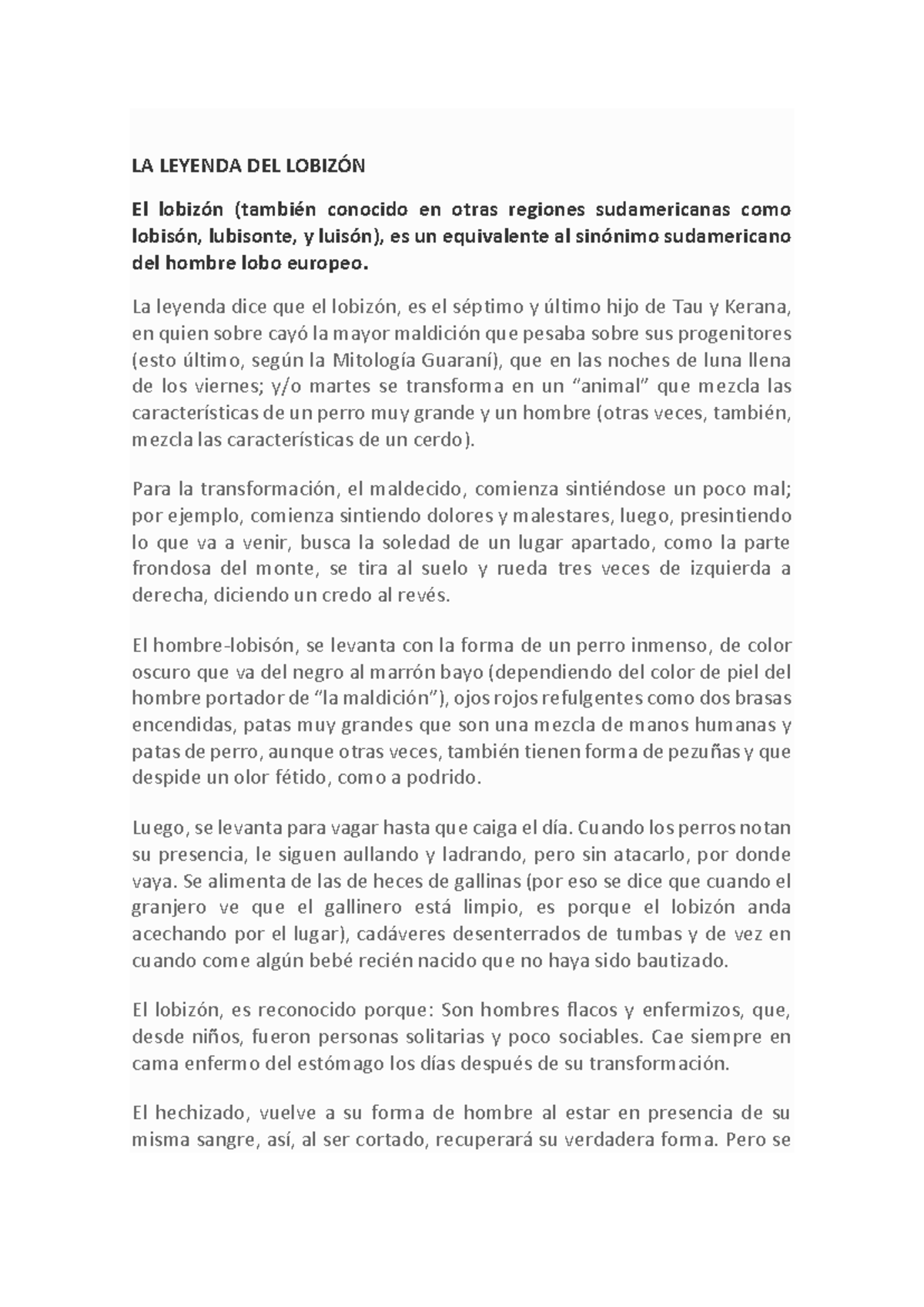Análisis de la Leyenda del Lobizón en Mitología Guaraní - Studocu