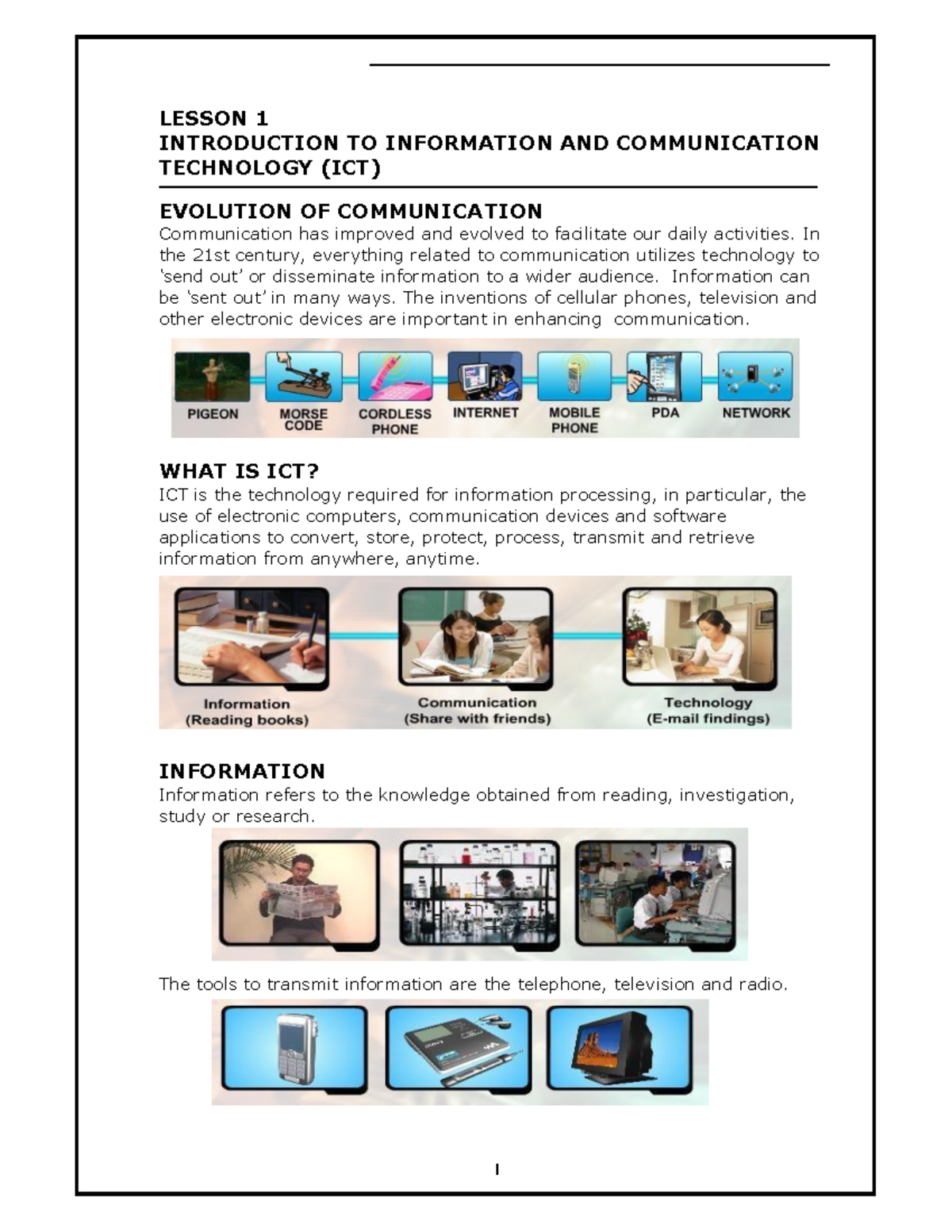 La1 ict topic 1 ict and society 1 - LESSON 1 INTRODUCTION TO INFORMATION AND COMMUNICATION - Studocu