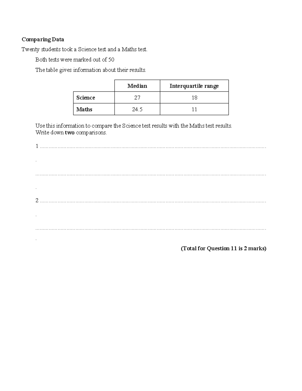 Comparing Data: Science vs Maths Test Results Analysis - Studocu