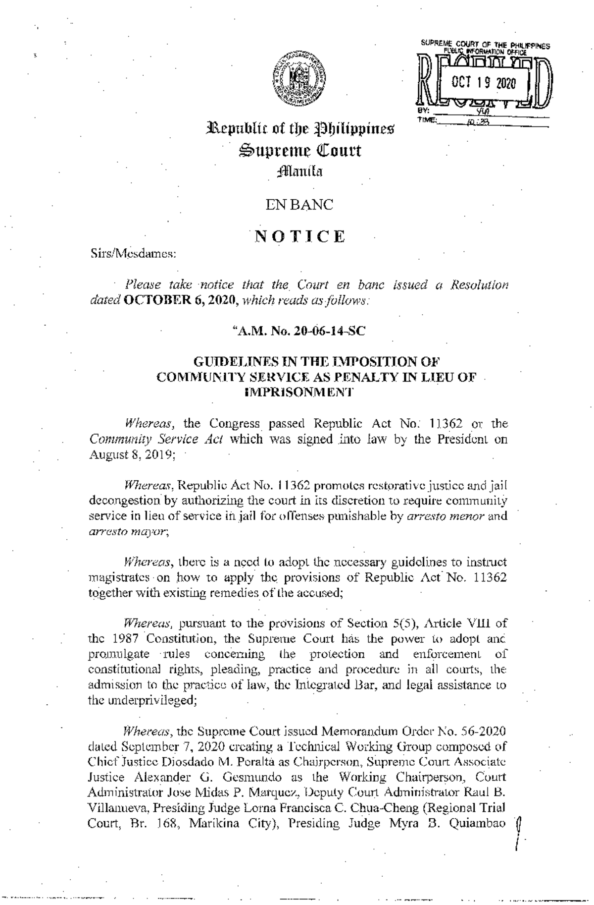 20 06 14 SC - Community Service Law - Sirs/Mesdames: 31\epublit of tbe ...