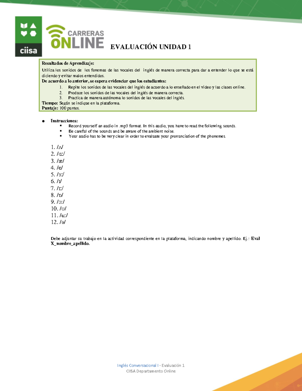 Evaluación 1: Fonemas de Vocales en Inglés - Inglés Conversacional I ...