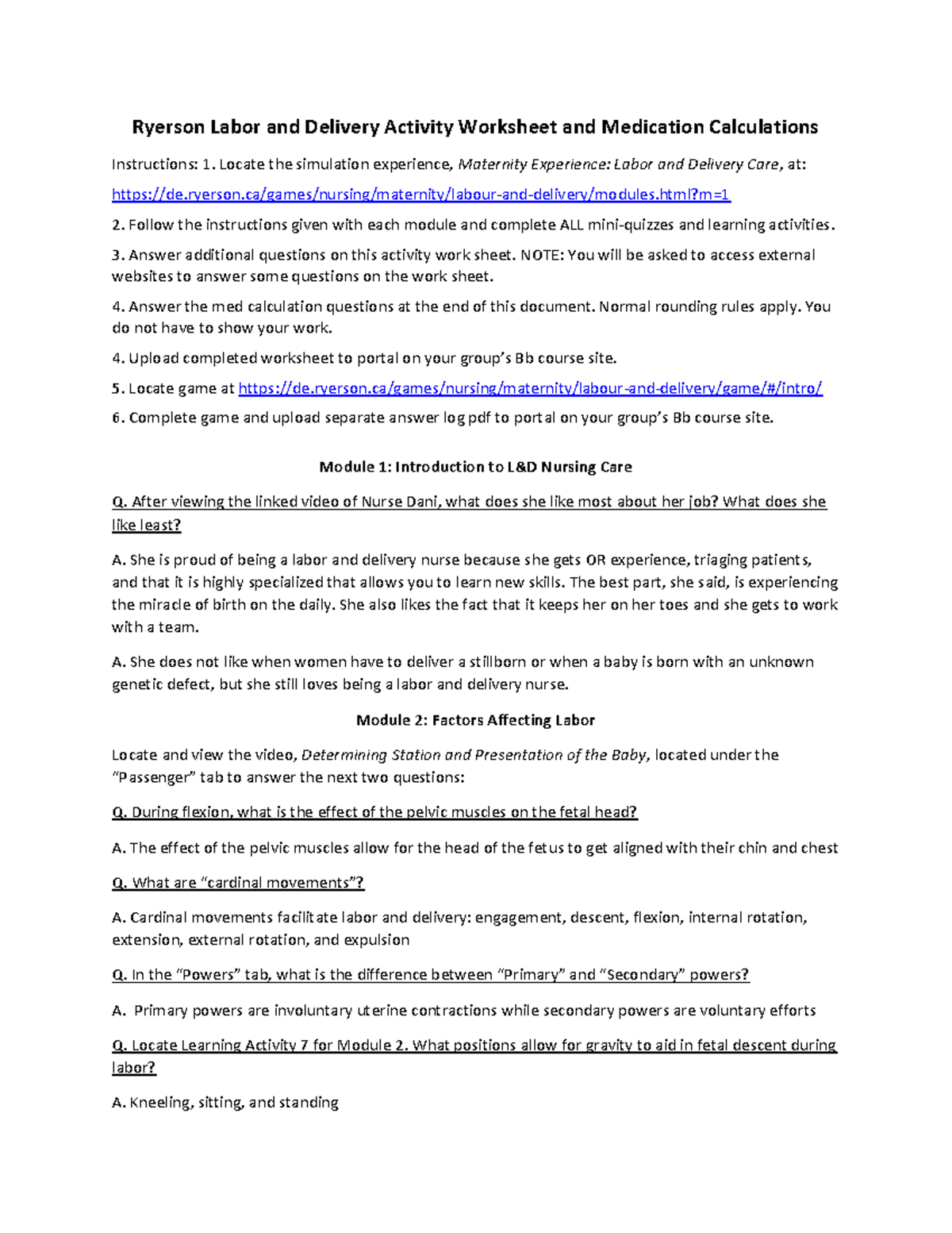 Labour and Delivery Activity Worksheet - Nursing Course GDGD - Studocu