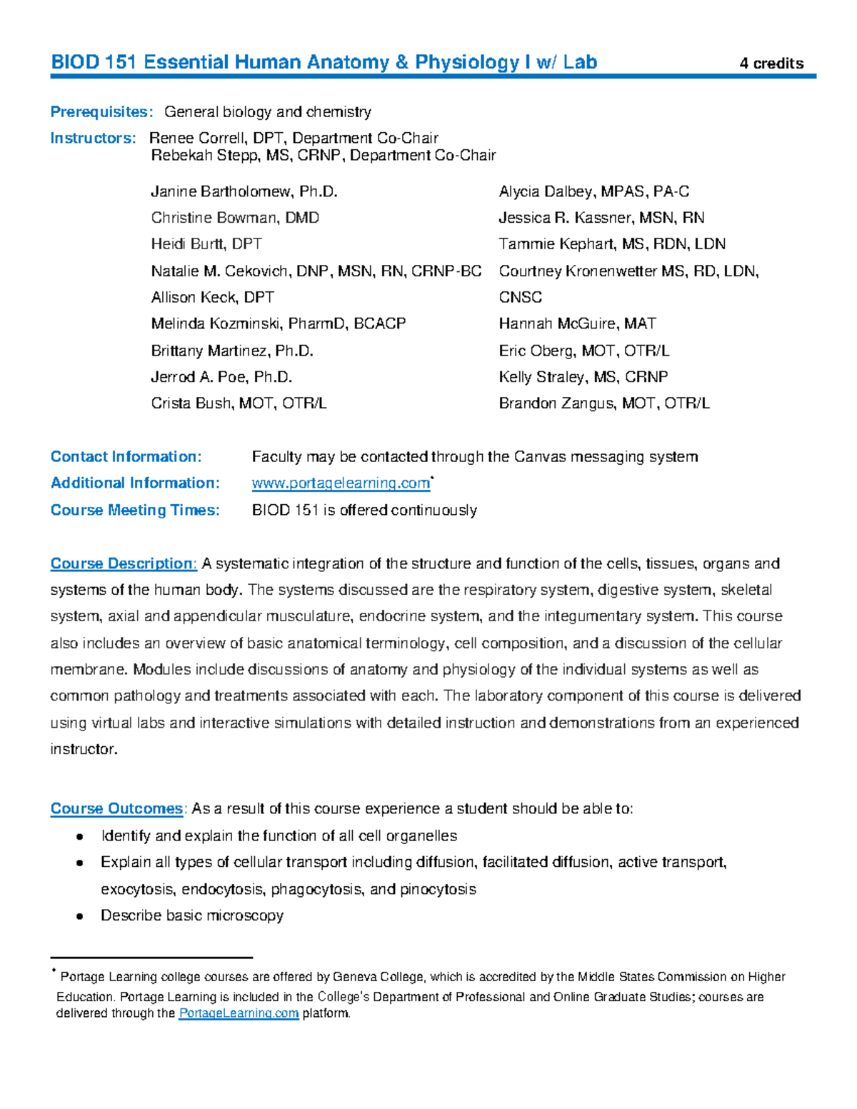 BIOD 151 - Essential Human Anatomy & Physiology I Course Syllabus - Studocu