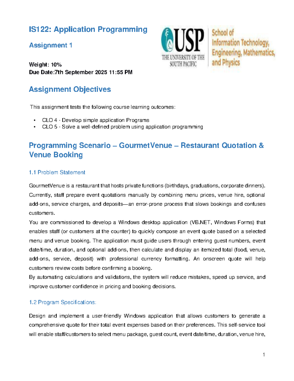 IS122: Application Programming Assignment 1 - GourmetVenue Quote System ...