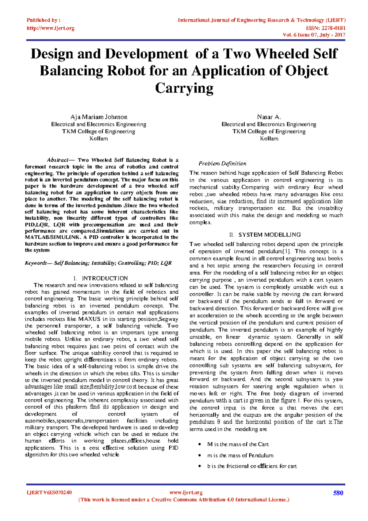 Design & Dev. of Two-Wheeled Self-Balancing Robot for Object Carrying ...