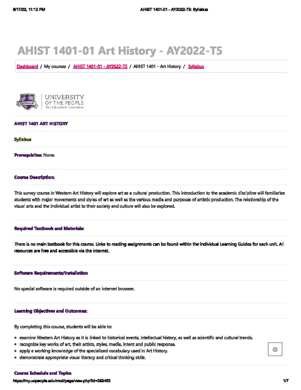 AHIST 1401 Art History Course Syllabus and Learning Guide - Studocu