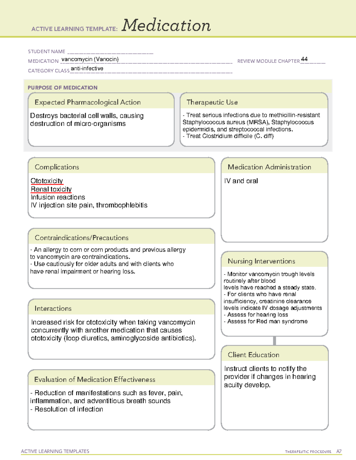 Vancomycin (Vancocin) Active Learning Template: Therapeutic Procedure A ...
