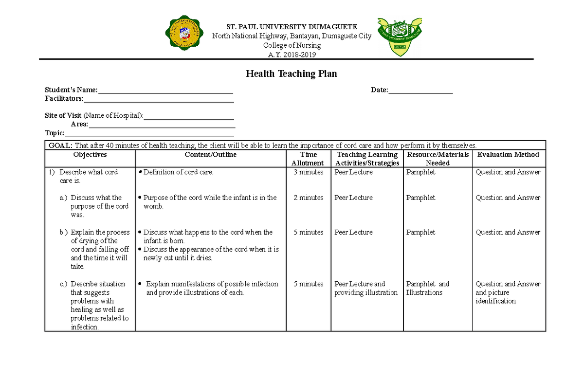 Health Teaching Plan on Cord Care - Nursing 101 - Studocu