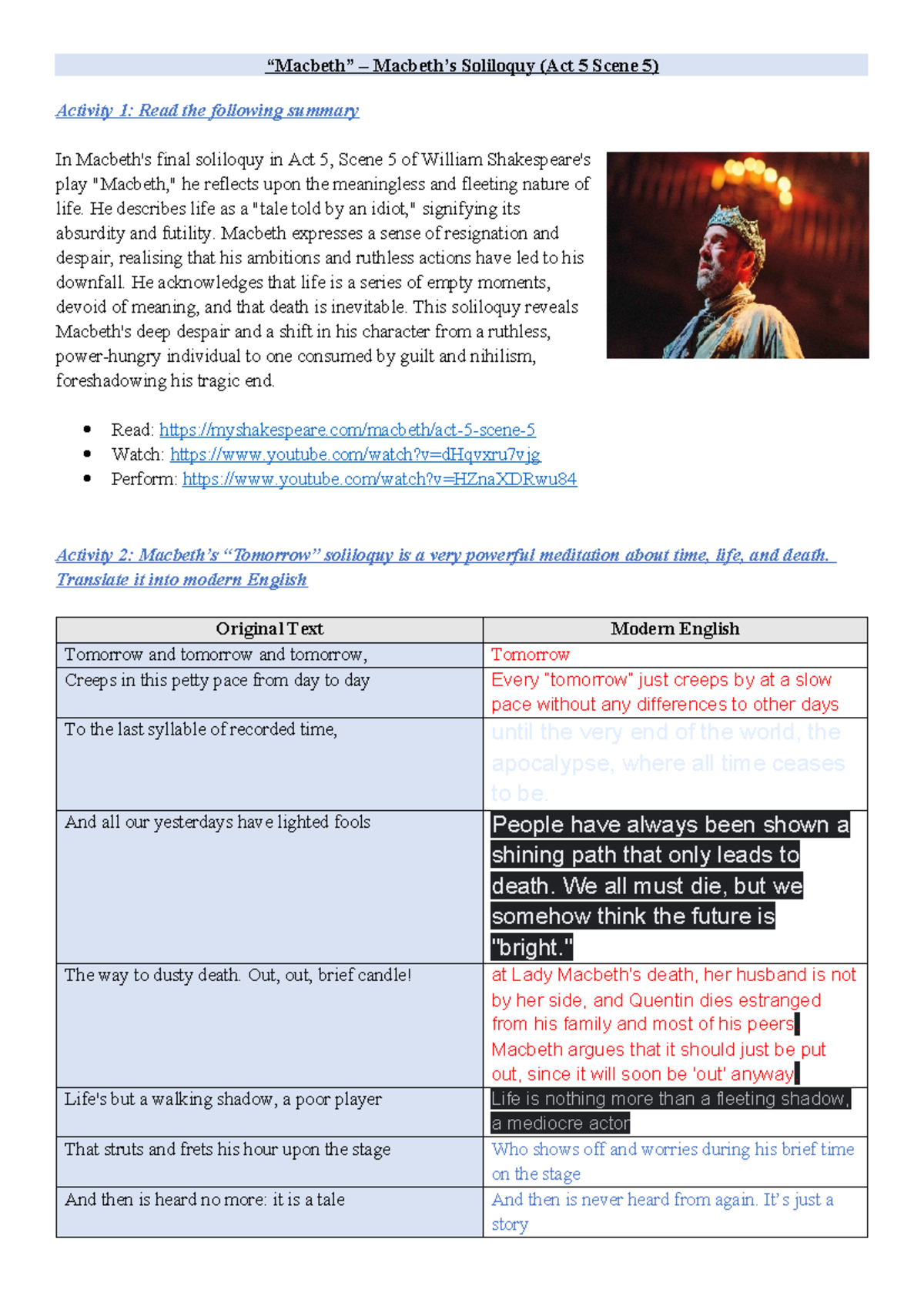 Macbeth - Macbeth's Tomorrow Soliloquy (5 - “Macbeth” – Macbeth’s ...