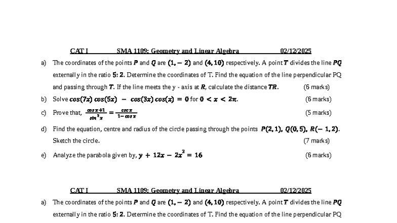 1109: Geometry CAT I - Coordinates, Lines, and Circles Analysis - Studocu