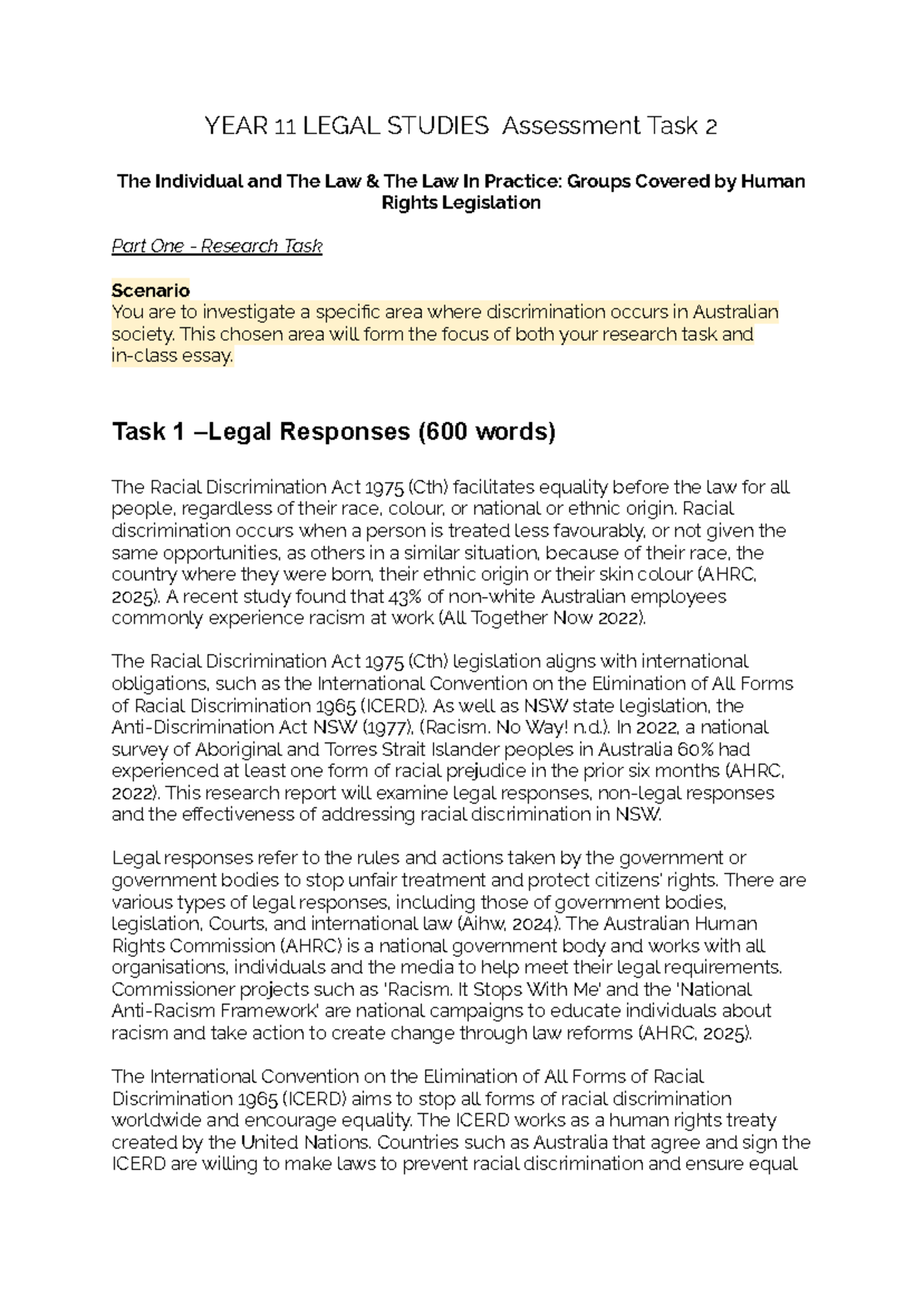 YEAR 11 LEGAL STUDIES Assessment Task 2: Racial Discrimination in ...