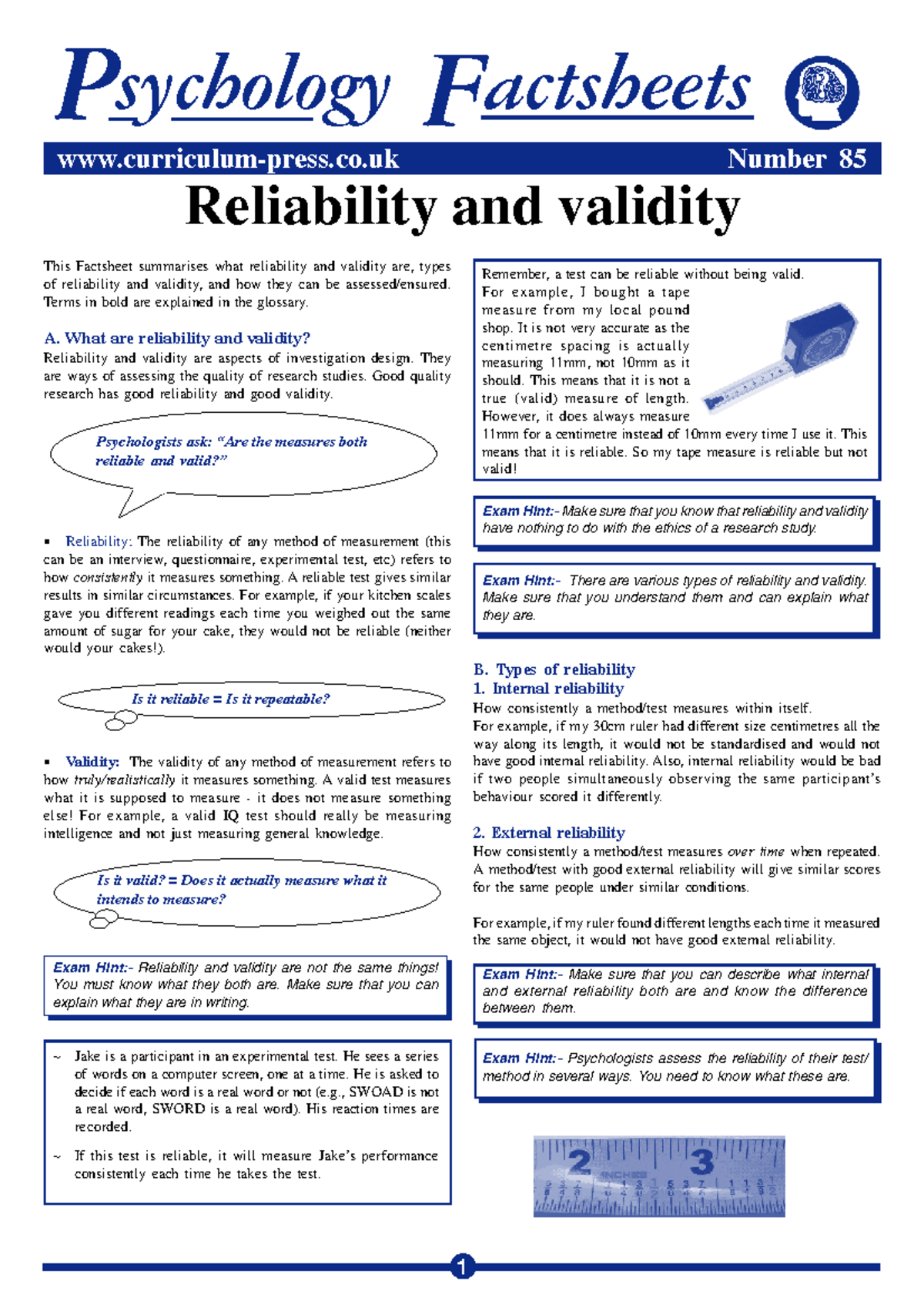 Psychology Factsheet 85: Understanding Reliability and Validity - Studocu