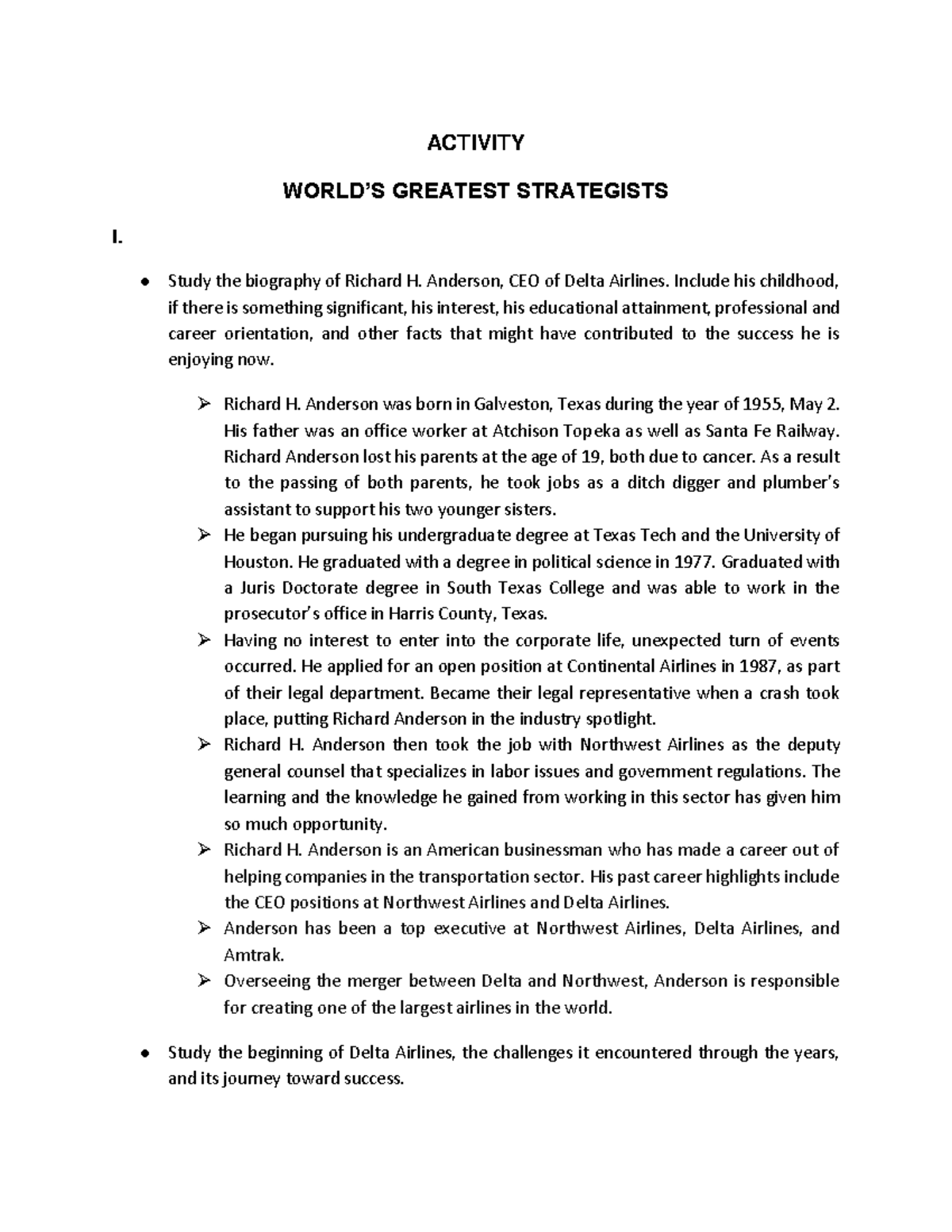 Delta Airlines (CASE Study) - ACTIVITY WORLD’S GREATEST STRATEGISTS I ...