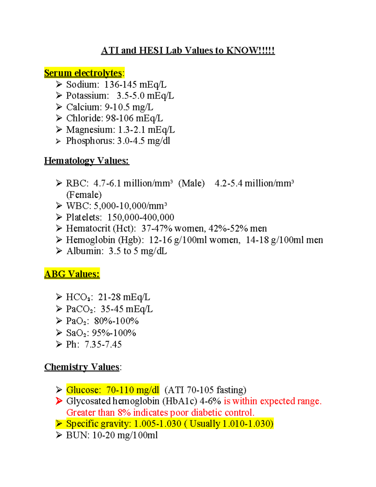 Peds Lab Values document - ATI and HESI Lab Values to KNOW!!!!! Serum ...
