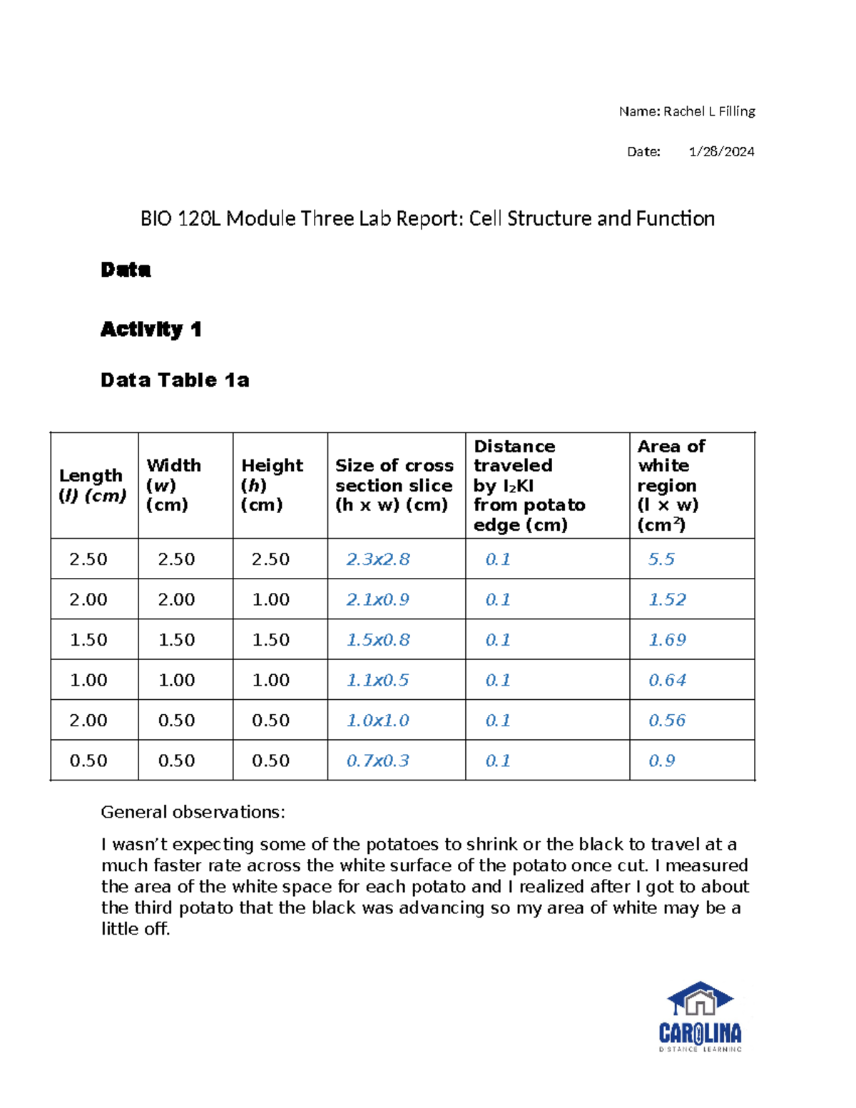 BIO 120L Module 3 Lab Report: Cell Structure & Function Analysis - Studocu