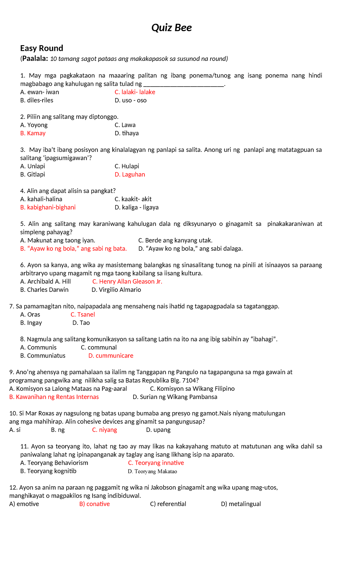 Filipino QUIZ BEE - Easy to Difficult Rounds - Studocu