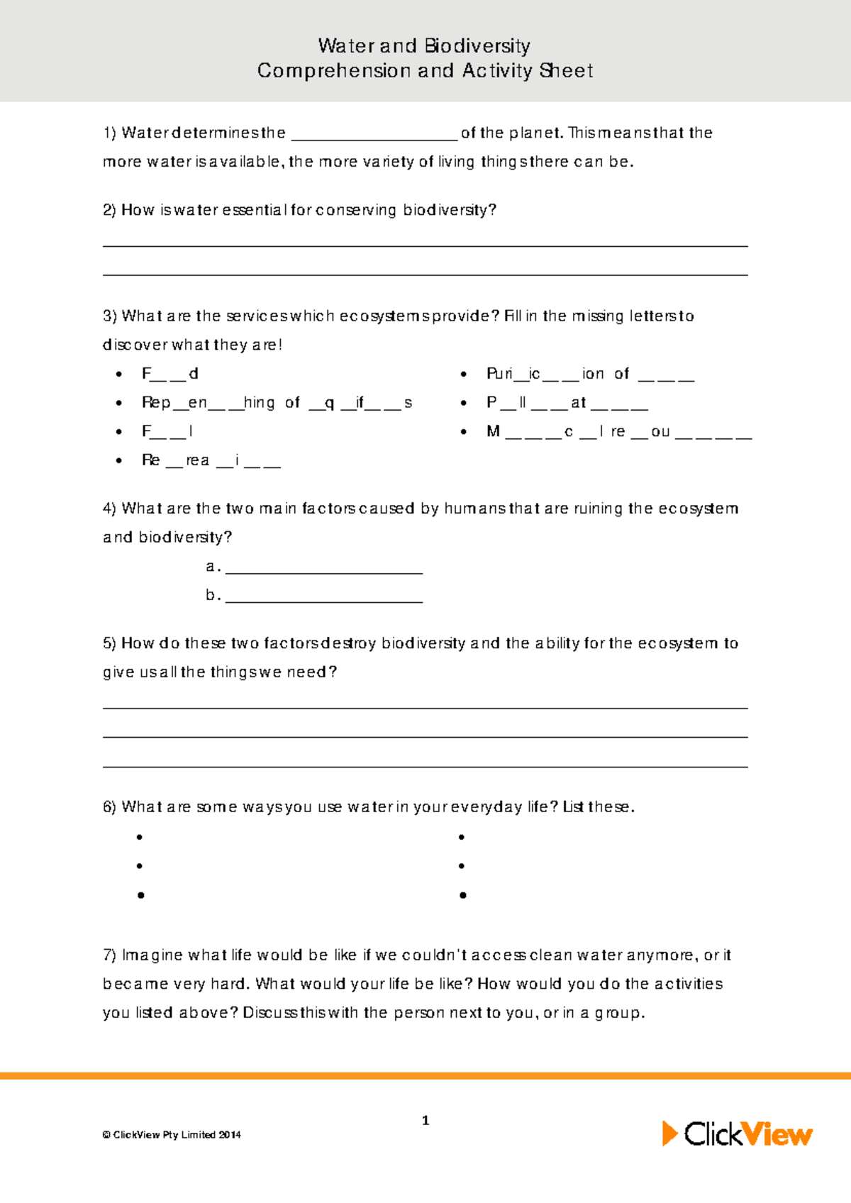 Water and Biodiversity Comprehension Questions - Water and Biodiversity ...
