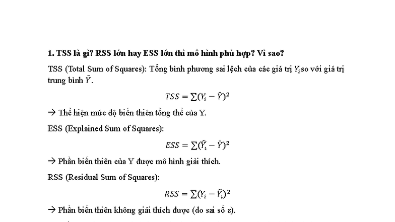 TSS, RSS, ESS và Mô Hình Hồi Quy Đơn Biến (Tuần 3) - Studocu