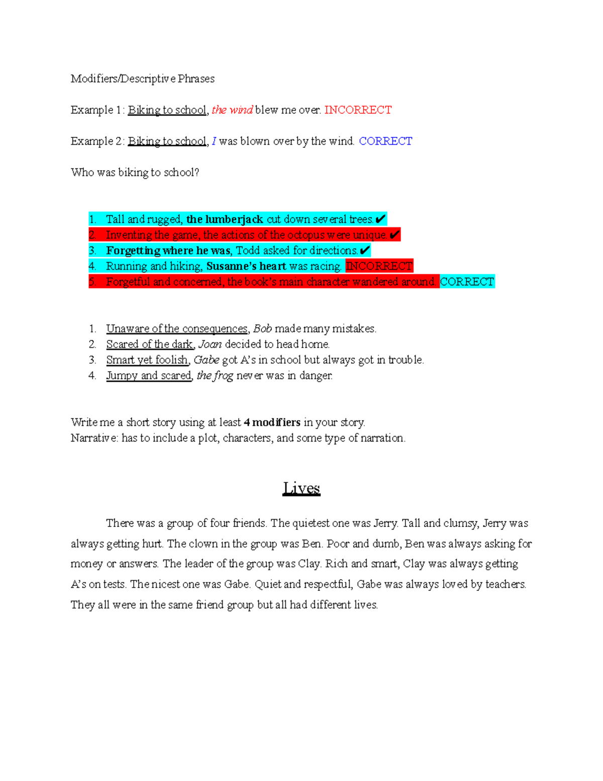 Modifiers and Descriptive Phrases Class Notes - Date 2/5 - Modifiers ...