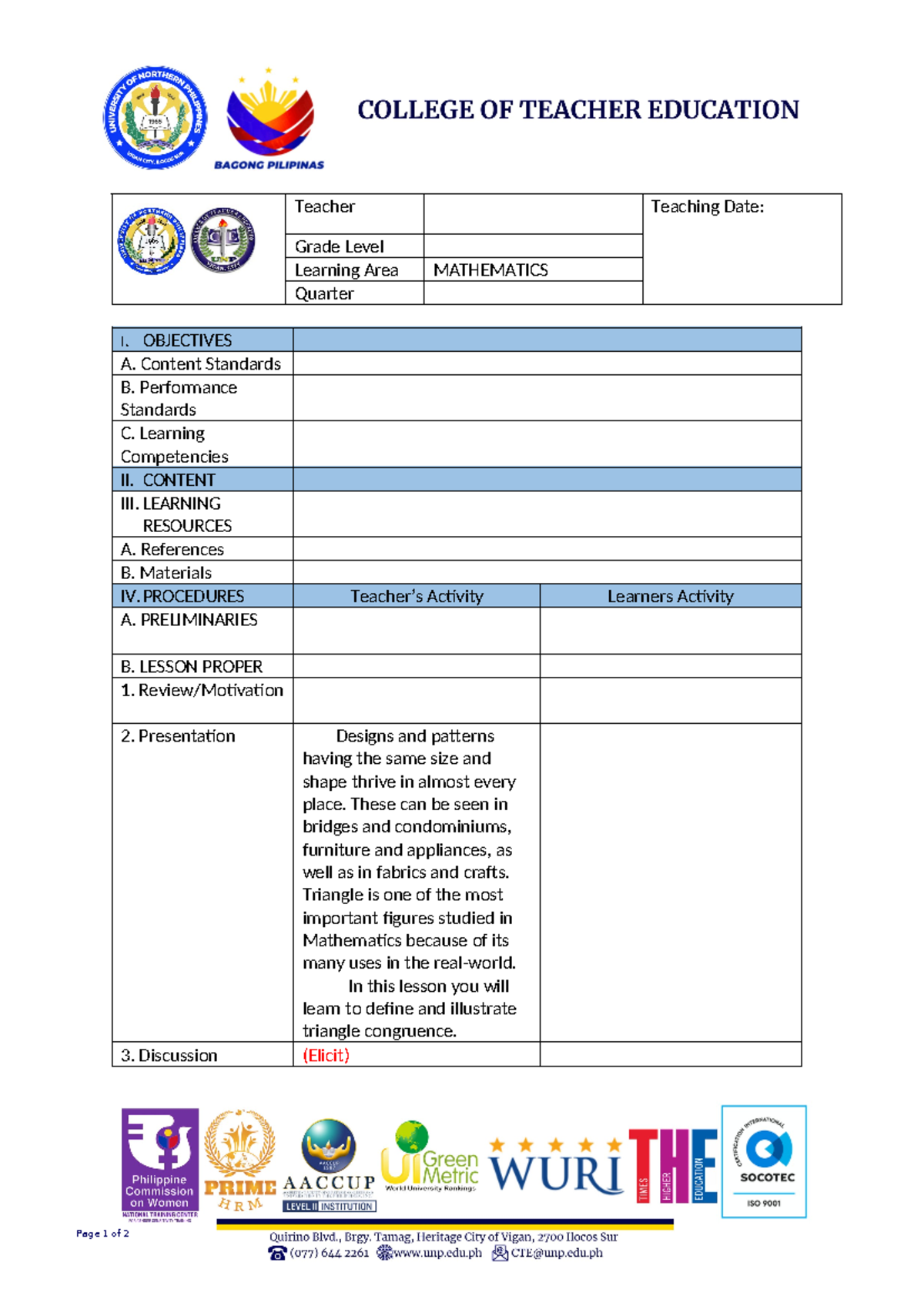 DLP 7E template - Teacher Teaching Date: Grade Level Learning Area ...