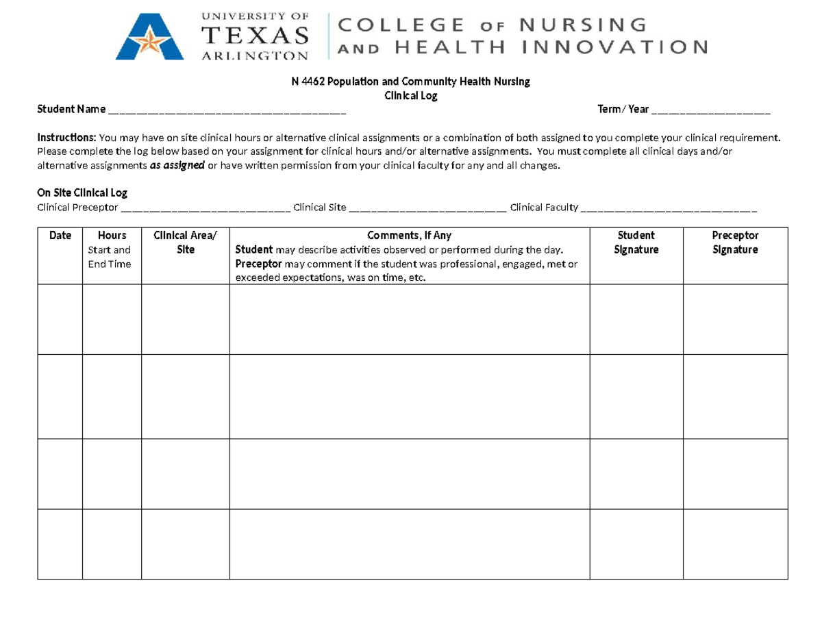 Fa25 NURS 4462 PCHN Clinical Log & Validation Instructions - Studocu