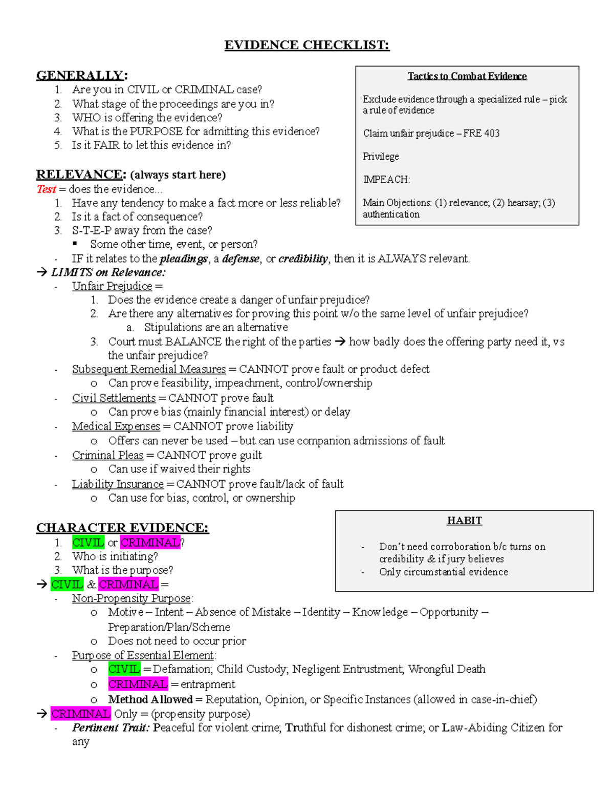 Evidence Checklist - EVIDENCE CHECKLIST: GENERALLY: Are you in CIVIL or ...