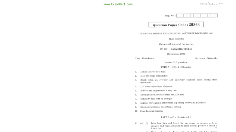 Data Structure - CS3301 2021 Regulation - Question Paper 2023 Nov Dec ...