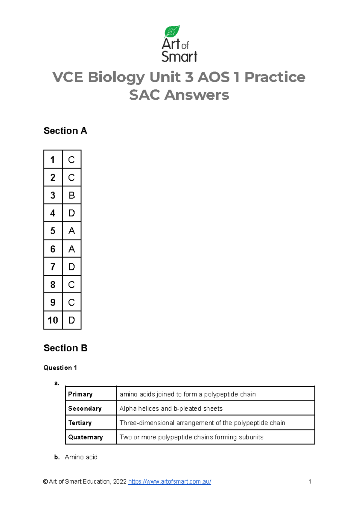VCE Biology Unit 3 AOS 1 Practice SAC Answers - Art of Smart Ed. - Studocu