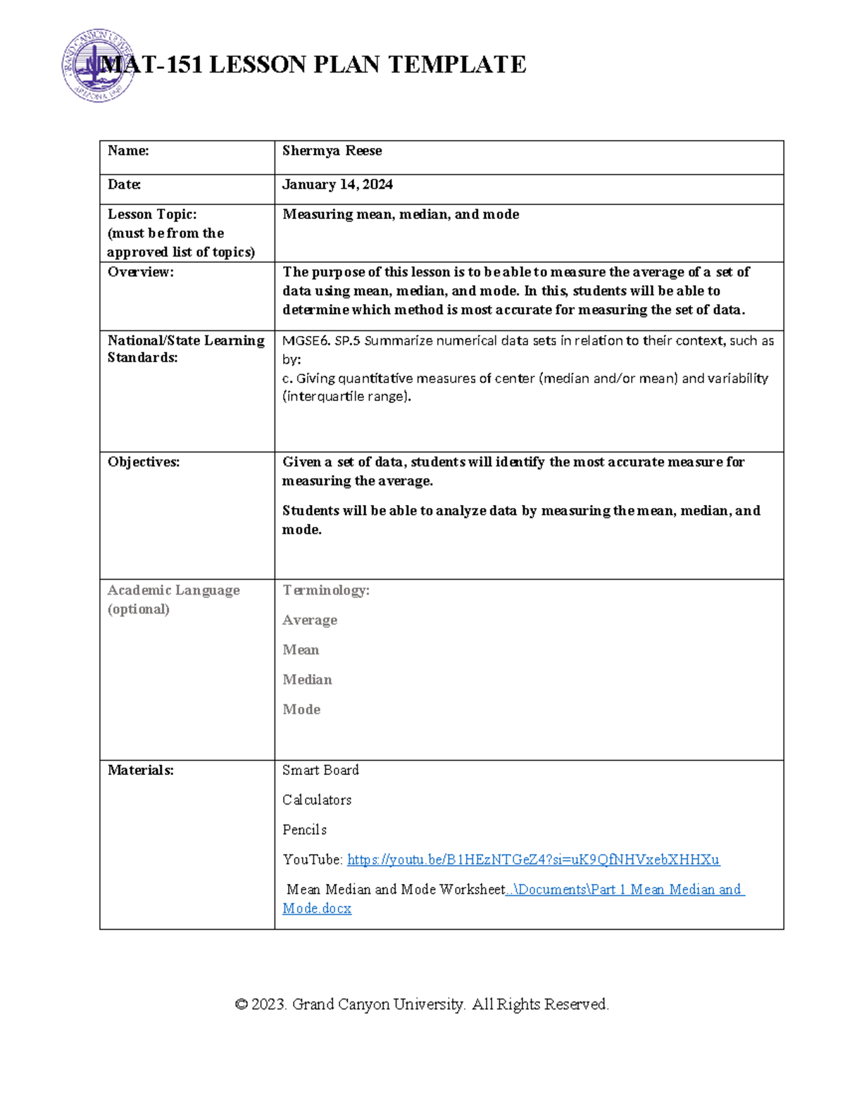 MAT 151 Final Lesson Plan on Measuring Mean, Median, and Mode - Studocu